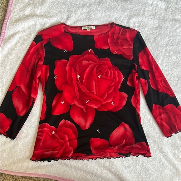 Moa Moa | Tops | Vintage Y2k Moa Moa Mesh Rose Rhinestone Top | Poshmark